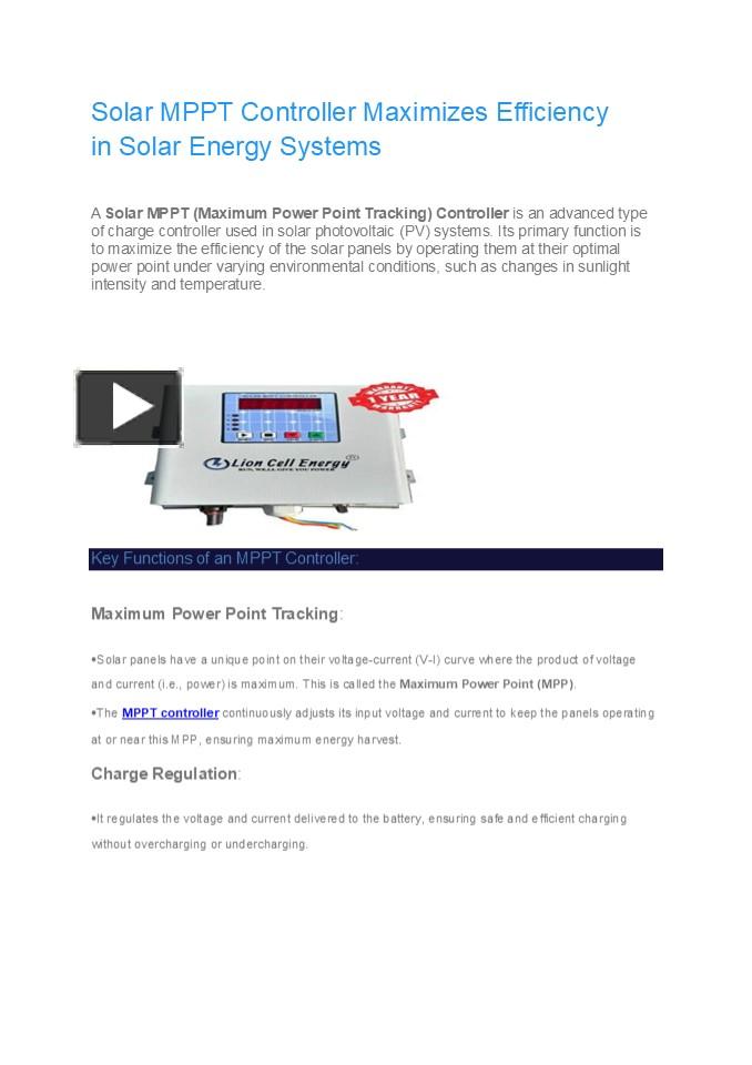 Solar MPPT Controller Maximizes Efficiency in Solar Energy Systems presentation | free to download