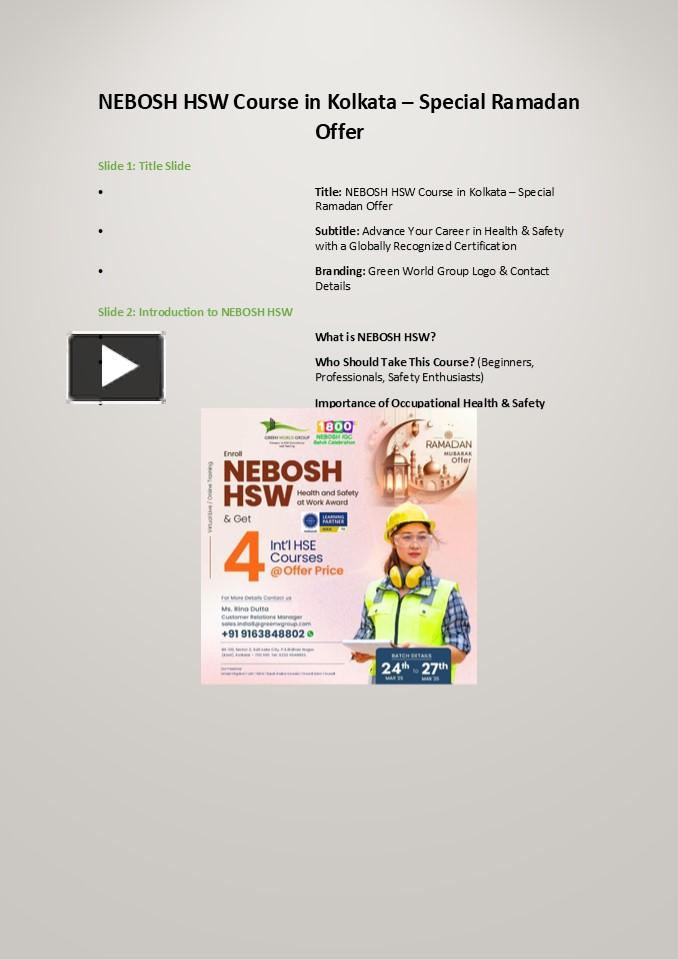 NEBOSH HSW Course in Kolkata Ramadan Offer Green World Group presentation | free to download
