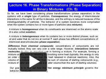 Lecture 16. Phase Transformations Phase Separation in Binary Mixtures Ch. 5 presentation | free ...