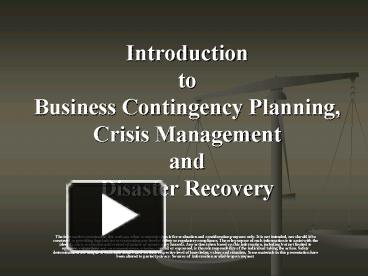 Introduction to Business Contingency Planning, Crisis Management and ...