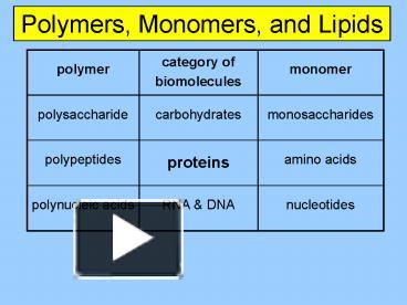 PPT – Polymers, Monomers, and Lipids PowerPoint presentation | free to ...
