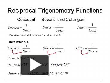 Reciprocal Trigonometry Functions presentation | free to view