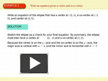 Write an equation given a vertex and a covertex presentation | free to view
