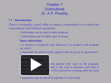 PPT – Chapter 7 Subroutines Dr' A'P' Preethy PowerPoint presentation ...