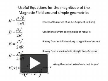 Useful Equations for the magnitude of the Magnetic Field around simple ...