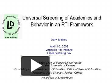 Universal Screening of Academics and Behavior in an RTI Framework ...