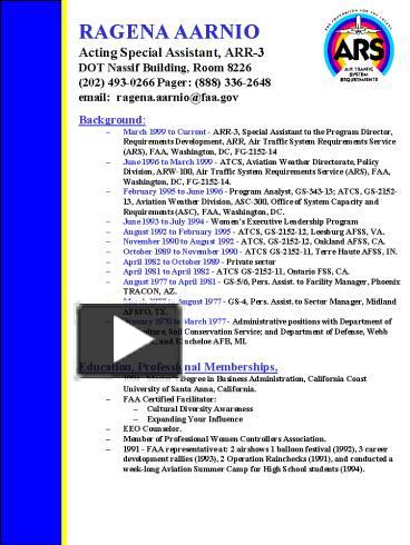 PPT – RAGENA AARNIO Acting Special Assistant, ARR3 DOT Nassif Building ...