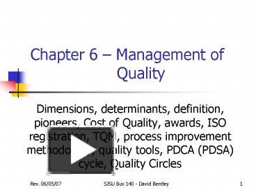 PPT – Chapter 6 Management of Quality PowerPoint presentation | free to ...