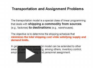Transportation and Assignment Problems presentation | free to view