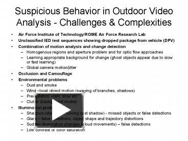 PPT – Suspicious Behavior in Outdoor Video Analysis Challenges ...