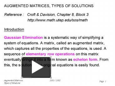 AUGMENTED MATRICES, TYPES OF SOLUTIONS presentation | free to view