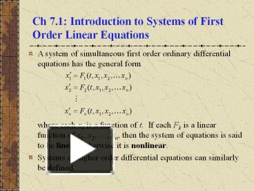 PPT – Ch 7.1: Introduction to Systems of First Order Linear Equations ...