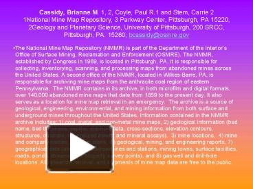 Cassidy, Brianne M' 1, 2, Coyle, Paul R'1 and Stem, Carrie 2 1National ...