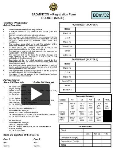 PPT – BADMINTON Registration Form DOUBLE MALE PowerPoint presentation ...