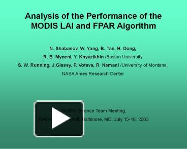 Analysis of the Performance of the MODIS LAI and FPAR Algorithm ...