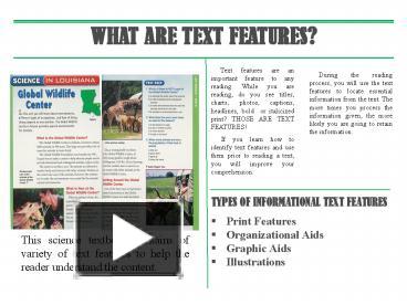 TYPES OF INFORMATIONAL TEXT FEATURES presentation | free to view