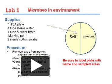 Supplies. 1 TSA plate. 1 tube sterile water. 1 tube nutrient ...