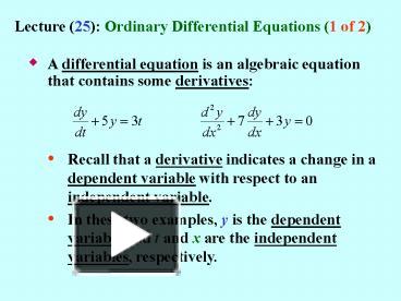 Lecture (25): Ordinary Differential Equations (1 of 2) presentation ...