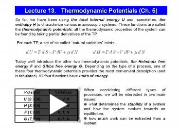 Lecture 13. Thermodynamic Potentials (Ch. 5) presentation | free to ...