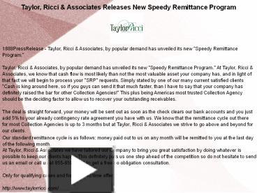 PPT – Taylor, Ricci & Associates Releases New Speedy Remittance Program ...