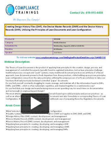 Webinar On Creating Design History Files (DHF), the Device Master ...