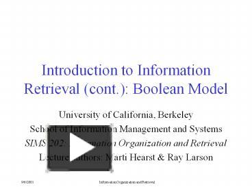 PPT – Introduction to Information Retrieval (cont.): Boolean Model ...