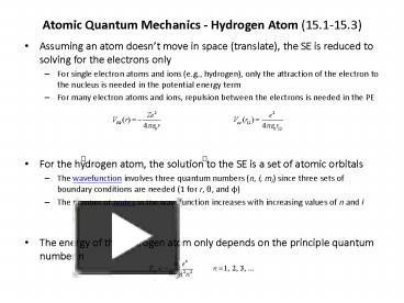 Atomic Quantum Mechanics - Hydrogen Atom (15.1-15.3) presentation ...