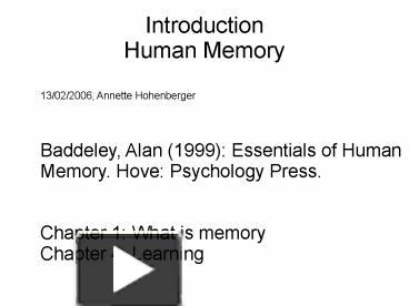 PPT – Introduction Human Memory PowerPoint presentation | free to view ...