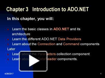Chapter 3 Introduction to ADO.NET presentation | free to view