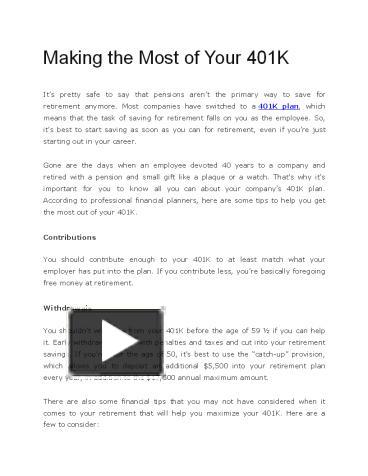 PPT – Making the Most of Your 401K PowerPoint presentation | free to ...