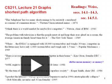 PPT – CS211, Lecture 21 Graphs shortest path algorithm PowerPoint ...