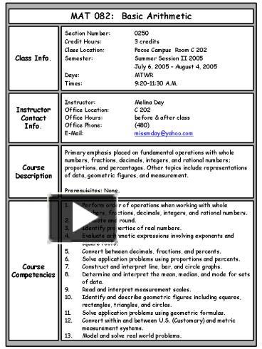 MAT 082: Basic Arithmetic presentation | free to view