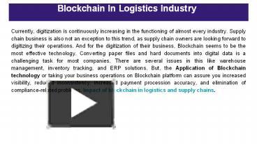 Blockchain In Logistics Industry presentation | free to download