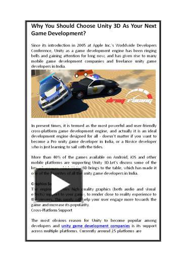 Why You Should Choose Unity 3D As Your Next Game Development ...