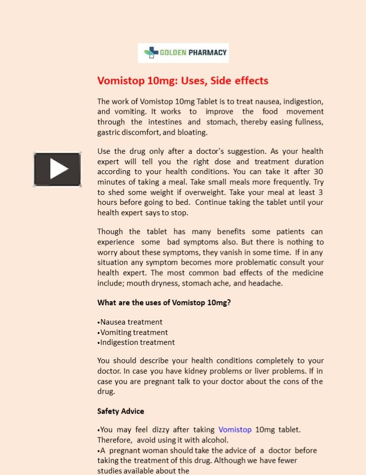 Vomistop 10mg: Uses, Side effects presentation | free to download