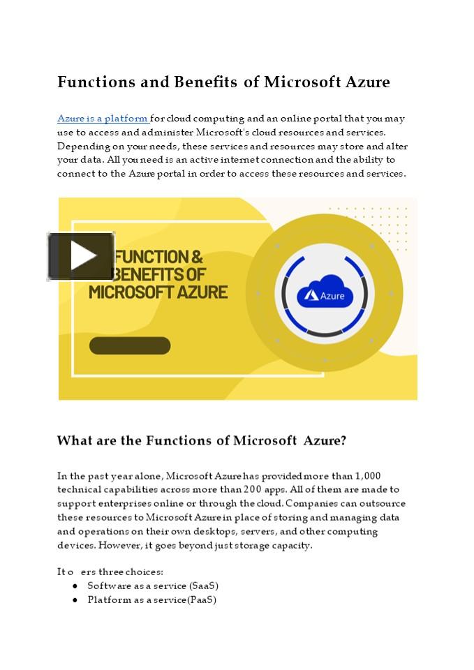 Functions and Benefits of Microsoft Azure presentation | free to download