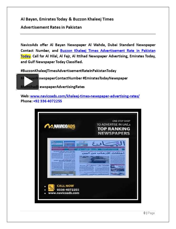 Al Bayan, Emirates Today & Buzzon Khaleej Times Advertisement Rates in ...