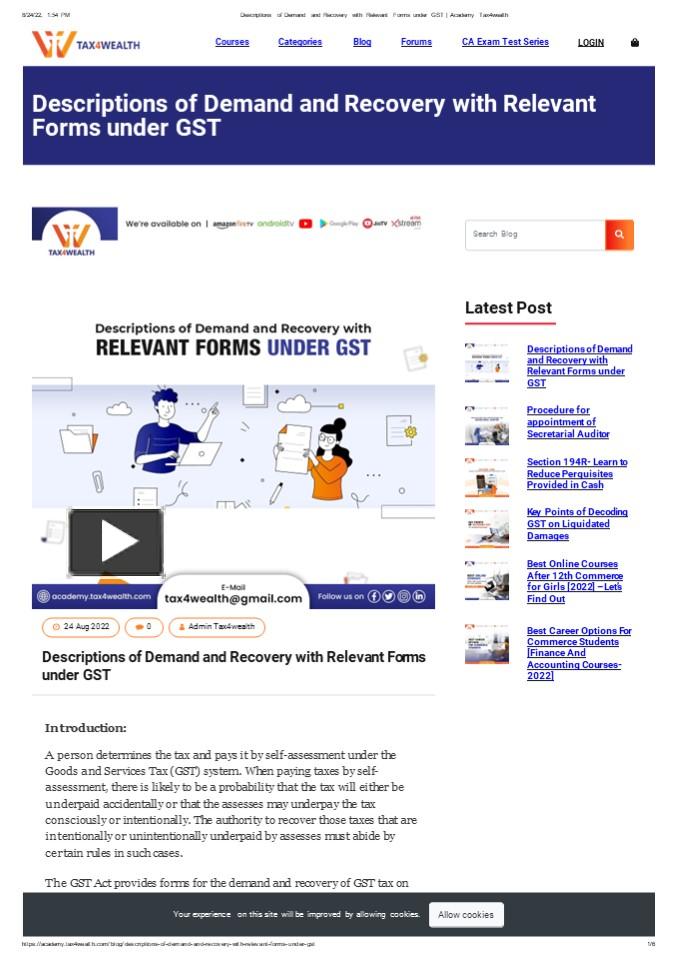 Descriptions of Demand and Recovery with Relevant Forms under GST ...