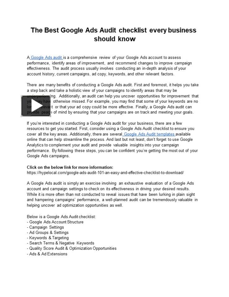 The Best Google Ads Audit checklist every business should know ...