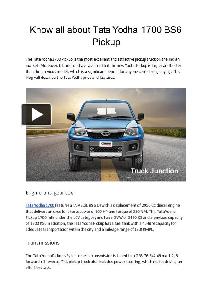 PPT – Know all about Tata Yodha 1700 BS6 Pickup PowerPoint presentation ...