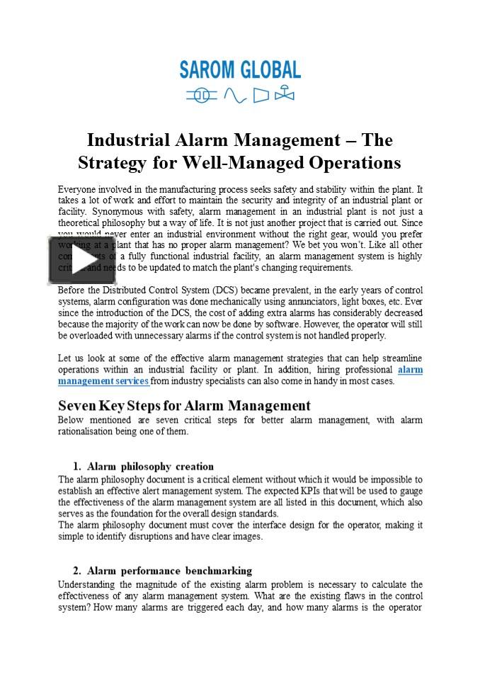 Industrial Alarm Management – The Strategy for Well-Managed Operations ...