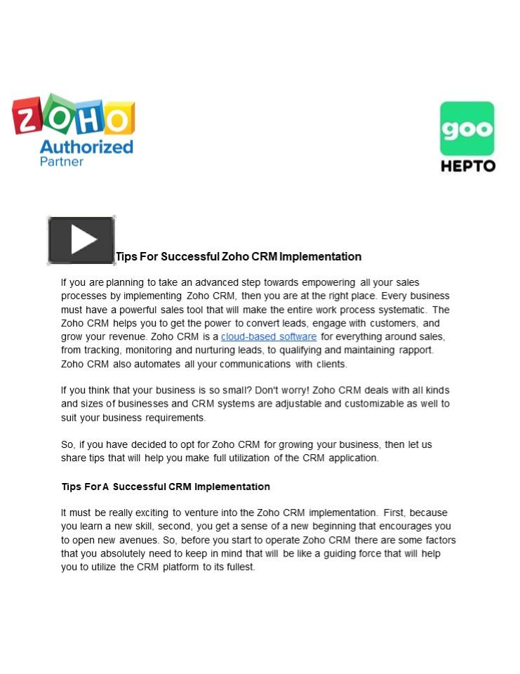 Tips For Successful Zoho CRM Implementation presentation | free to download