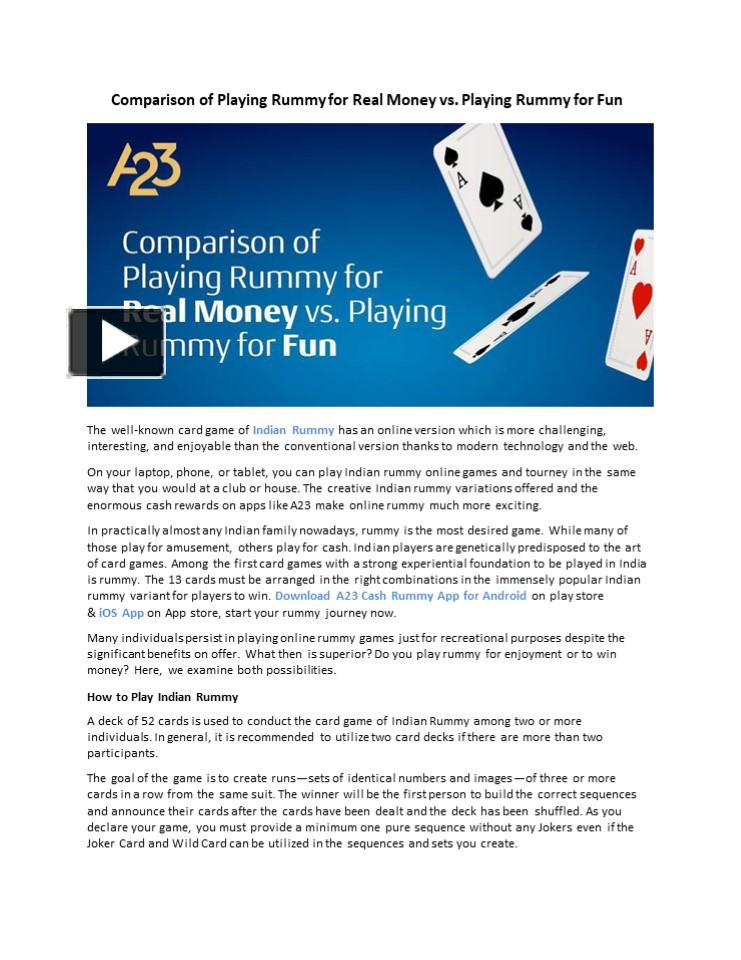 Comparison of Playing Rummy for Real Money vs. Playing Rummy for Fun ...
