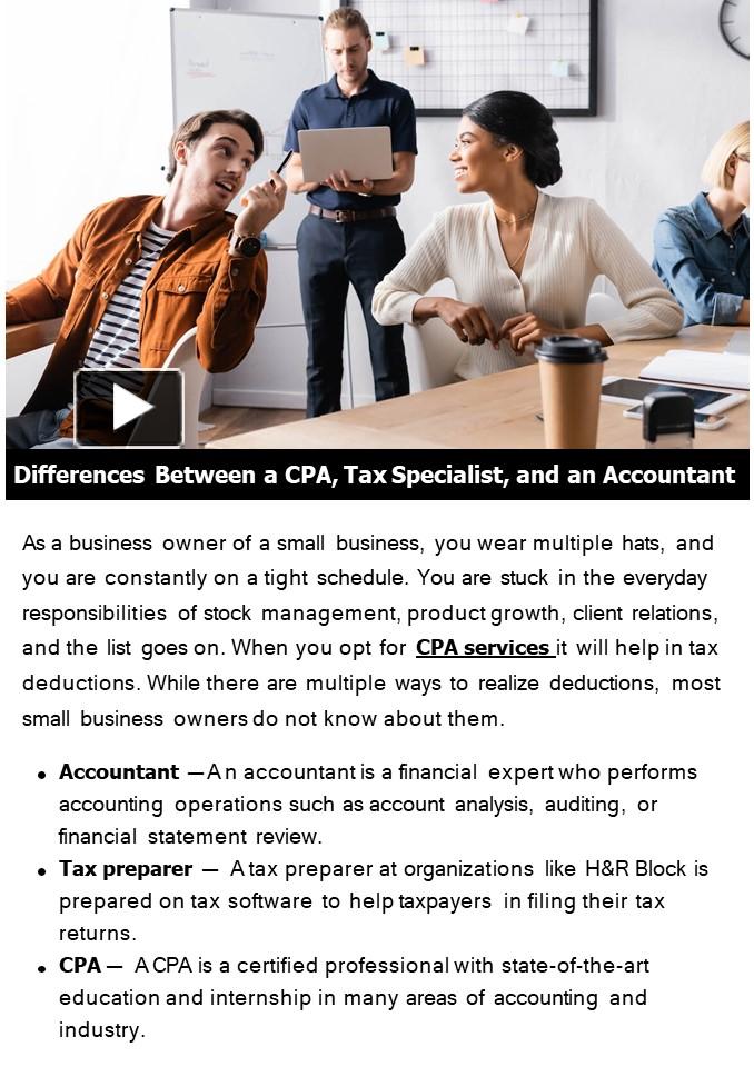 Differences Between a CPA, Tax Specialist, and an Accountant ...