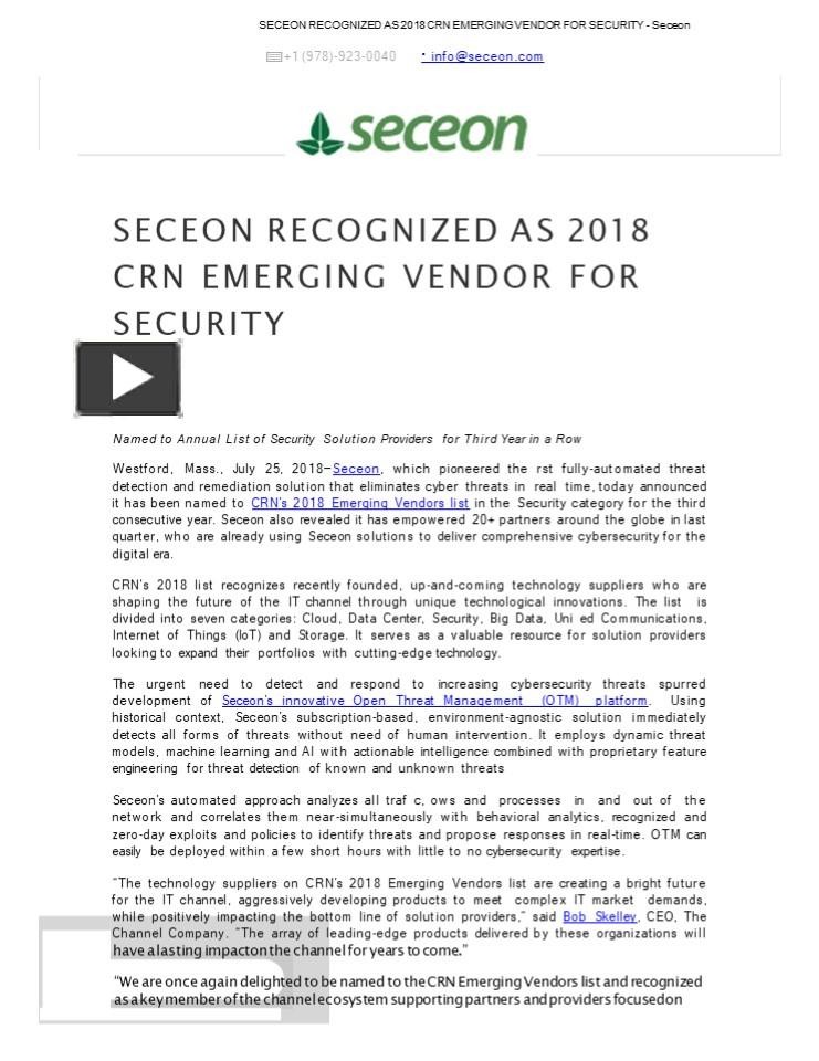 PPT – SECEON RECOGNIZED AS 2018 CRN EMERGING VENDOR FOR SECURITY ...