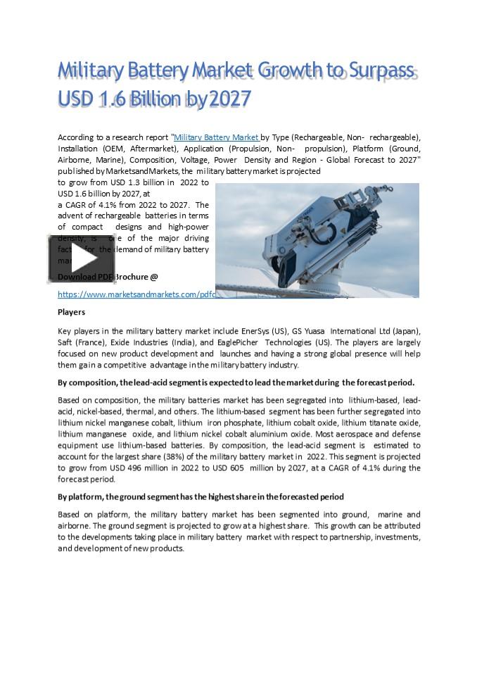 PPT – Military Battery Market Growth to Surpass USD 1.6 Billion by 2027 ...