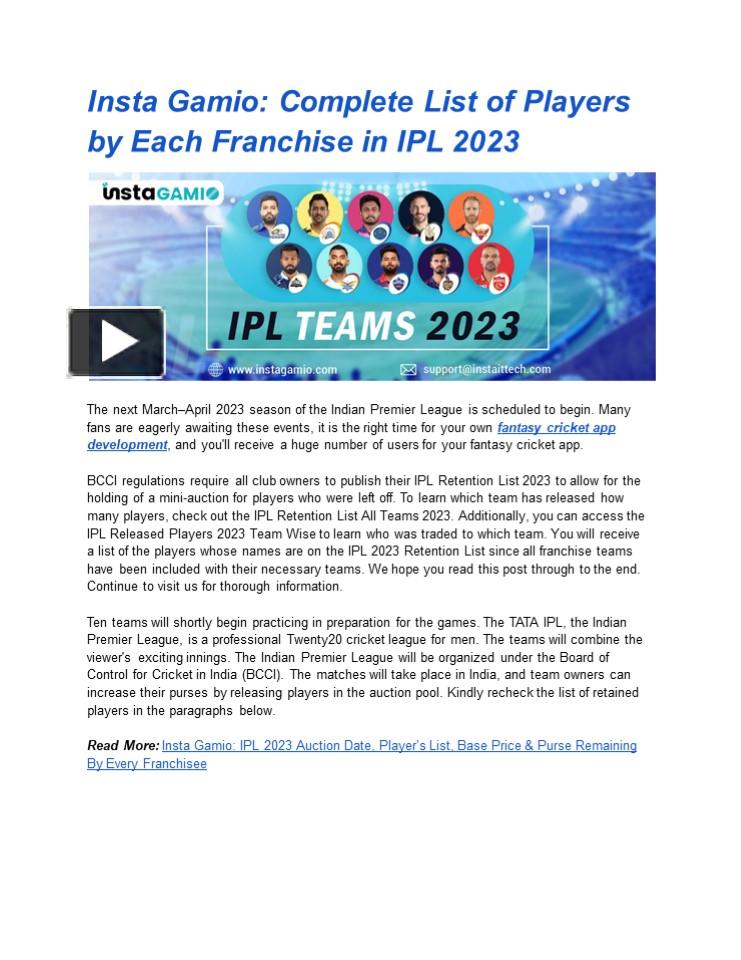 Insta Gamio: Complete List of Players by Each Franchise in IPL 2023 ...