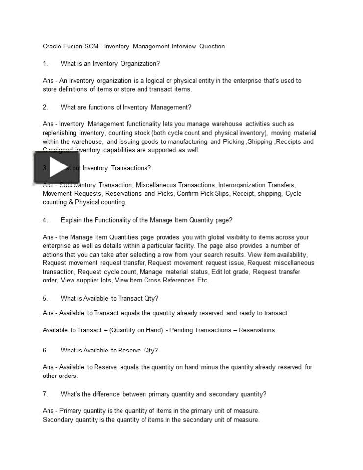 Oracle Fusion SCM - Inventory Management Interview Question ...