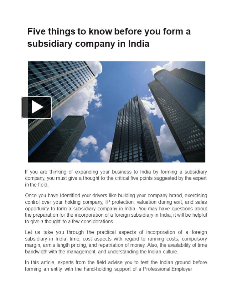 Five things to know before you form a subsidiary company in India ...