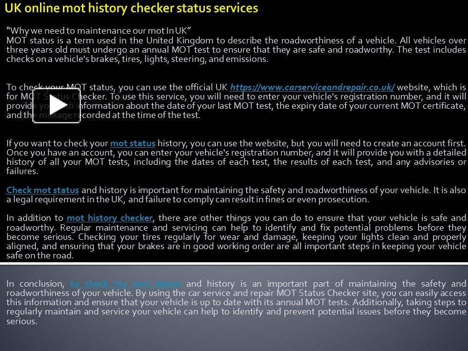 MOT online service In UK check status presentation | free to download